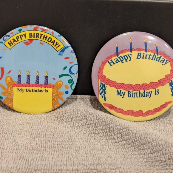 Design | Vintage 2 Happy Birthday Button Pin Back Pins Birthday Cake 3 ...